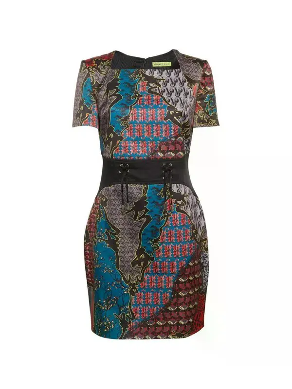 Versace Abstract Print Lace-up Mini Dress - Blue