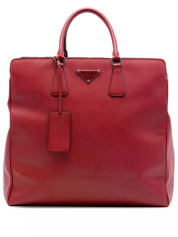 Prada Saffiano Lux Double Handle Shopping Tote Satchel - Red