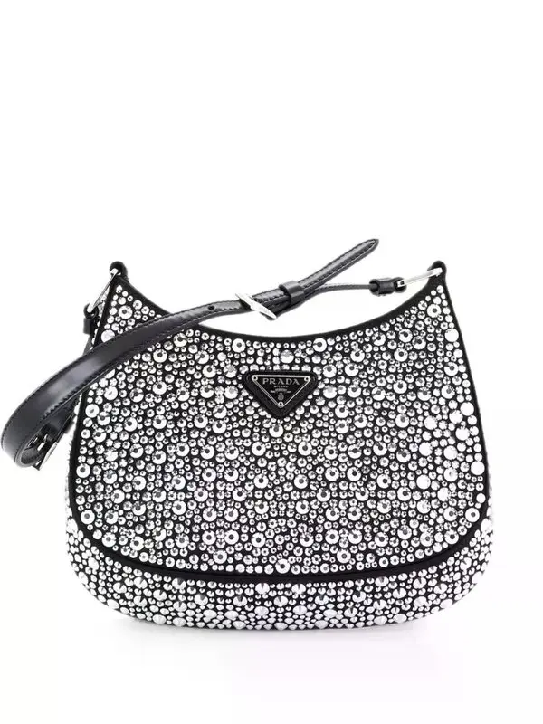 Prada Crystal Embellished Satin Shoulder Bag - Black