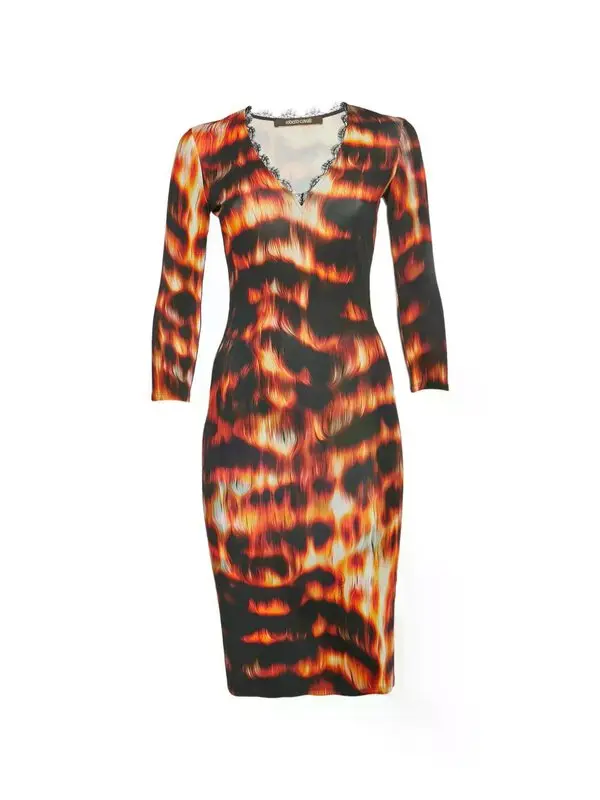 Roberto Cavalli Flame-print V-neck Midi Dress - Black