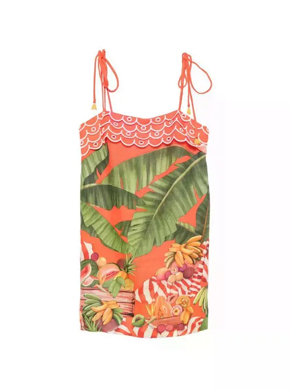 Farm Rio Fruit Print Scalloped Trim Mini Dress - Orange