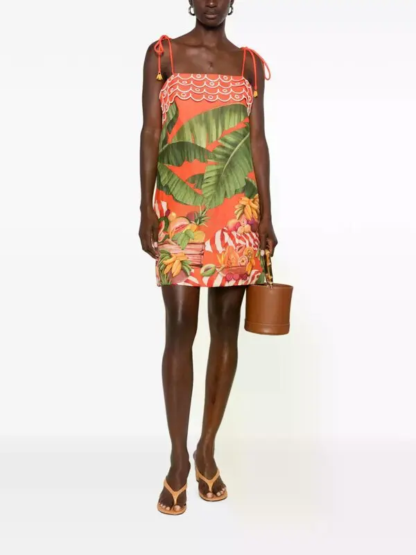 Farm Rio Fruit Print Scalloped Trim Mini Dress - Orange