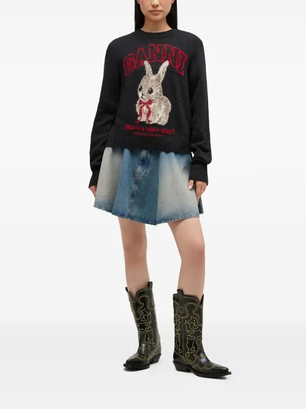 GANNI Wool Crewneck Sweater With Graphic Print - Multicolor