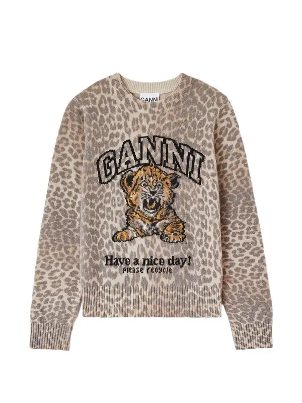 GANNI Leopard Intarsia Knit Crewneck Sweater With Tiger Appliqu - Multicolor