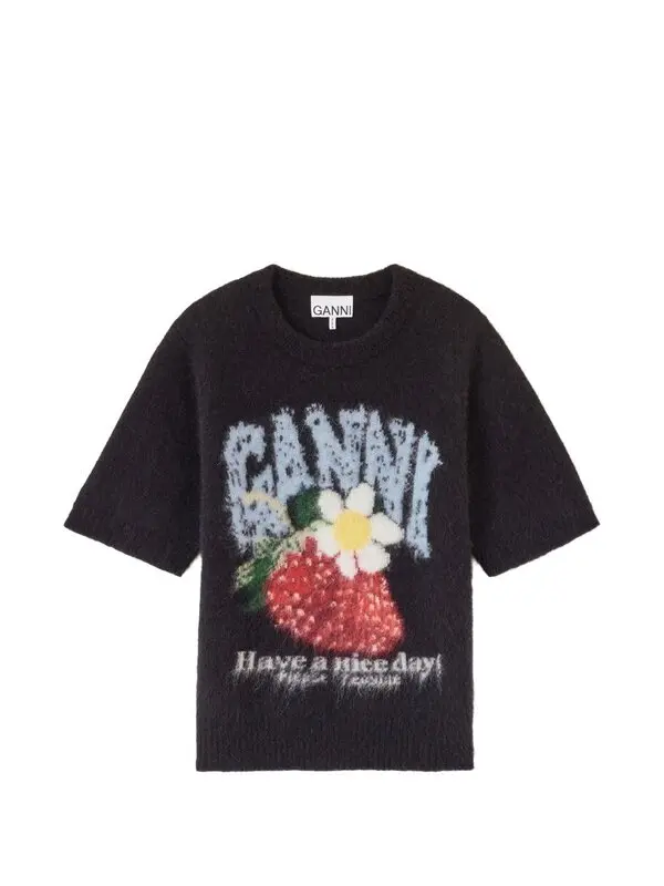 GANNI Black Brushed Texture Intarsia Knit Strawberry Motif Crew Neck Short Sleeve T-shirt - Multicolor