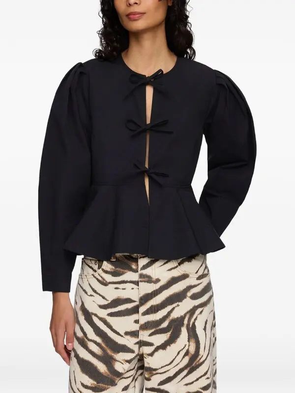 GANNI Organic Cotton Blouse With Bow Detailing And Puff Sleeves - Multicolor