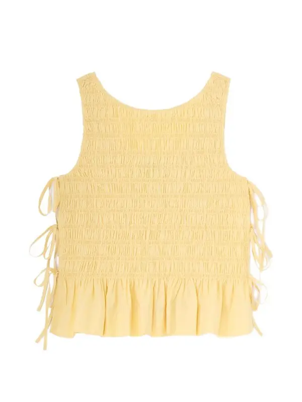 GANNI Smocked Cotton Top With Ruffle Details - Multicolor