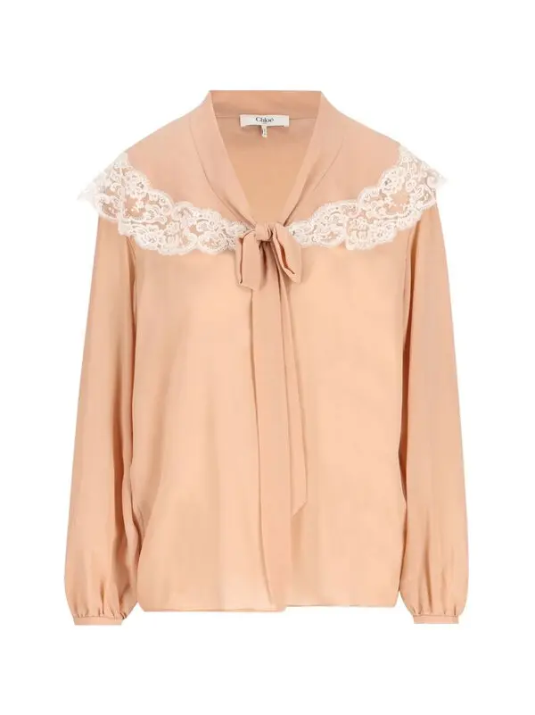 Chloé Lace Trim Tie Neck Long Sleeve Blouse - Multicolor