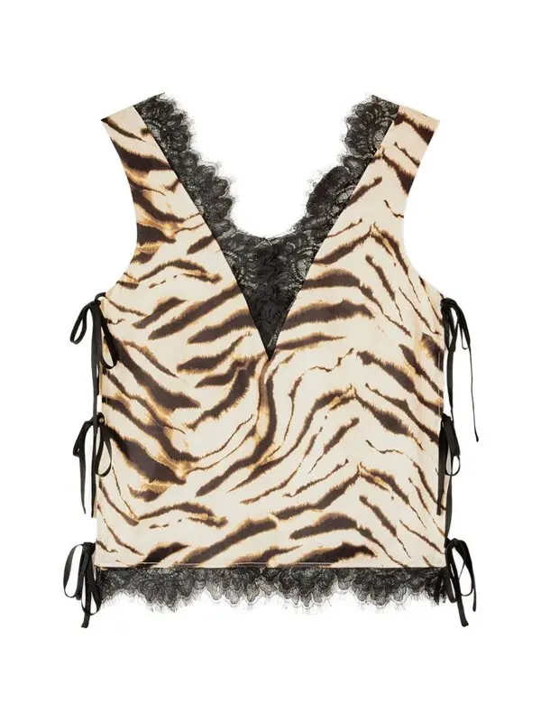GANNI Zebra Print V-neck Sleeveless Top With Lace Trim - Multicolor