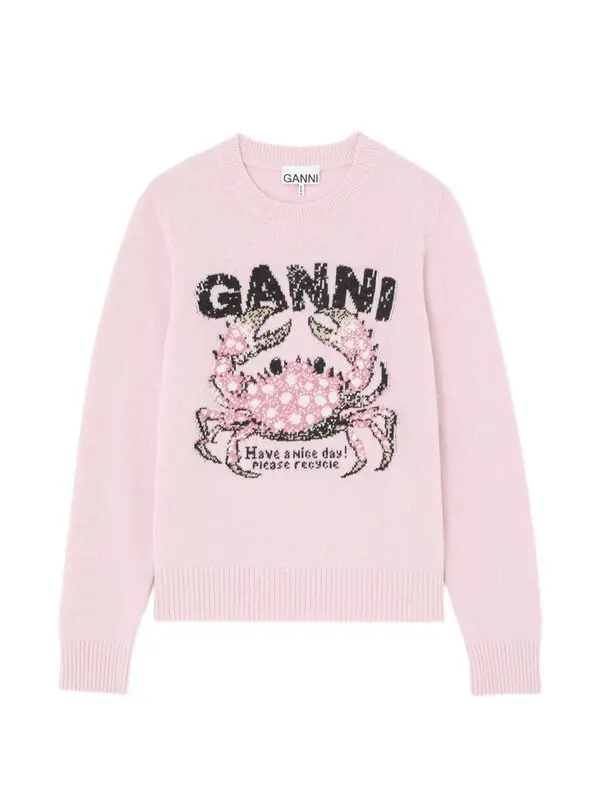 GANNI Pink Intarsia Knit Crewneck Sweater - Multicolor