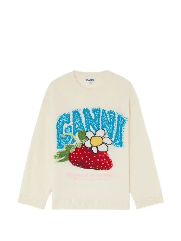 GANNI Wool Crewneck Sweater With Strawberry Intarsia - Multicolor