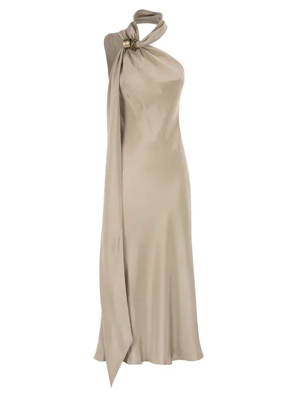 Max Mara Silk One-shoulder Long Dress With Draped Scarf - Multicolor