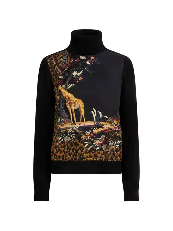 Etro Wool-blend Turtleneck Sweater With Placed Animal And Paisley Print