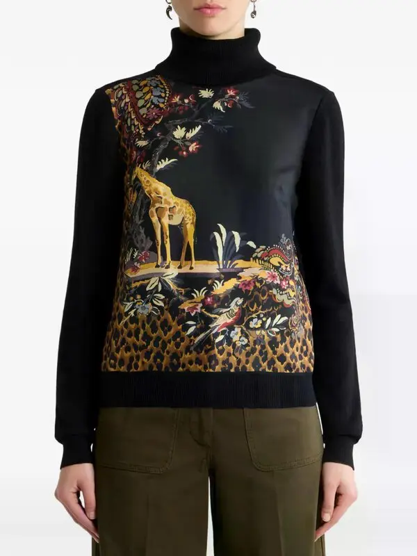 Etro Wool-blend Turtleneck Sweater With Placed Animal And Paisley Print