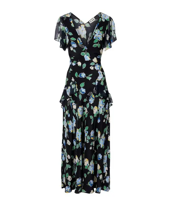 Rixo Kimmie Floral Ruffled Silk Midi Dress