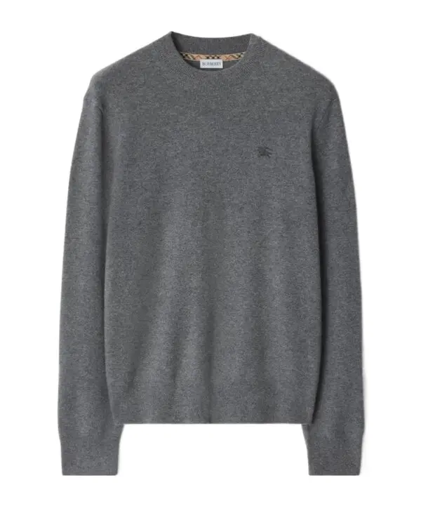 Burberry Cashmere Blend Sweater With Embroidered Equestrian Knight Design - Grey