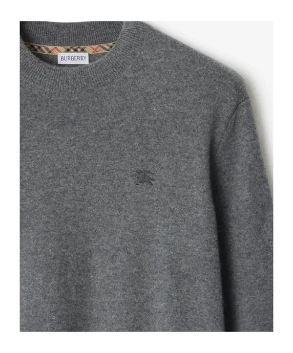 Burberry Cashmere Blend Sweater With Embroidered Equestrian Knight Design - Grey