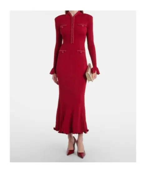 SELF-PORTRAIT Beaded Ribbed-knit Midi Dress