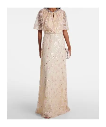 SELF-PORTRAIT Embellished Floral Cape Effect Maxi Dress - Nude