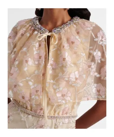 SELF-PORTRAIT Embellished Floral Cape Effect Maxi Dress - Nude