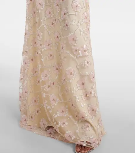 SELF-PORTRAIT Embellished Floral Cape Effect Maxi Dress - Nude