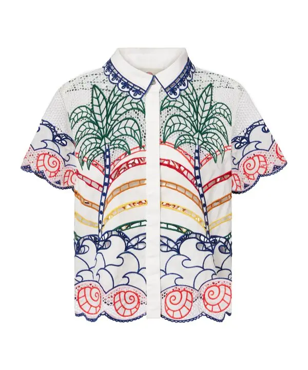 Farm Rio Broderie Anglaise Cotton Shirt - White, Multicolor