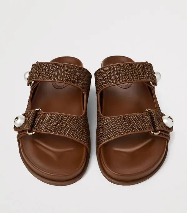 JIMMY CHOO Fayence Raffia Flat Sandals With Monogram Buckles