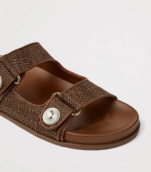 JIMMY CHOO Fayence Raffia Flat Sandals With Monogram Buckles