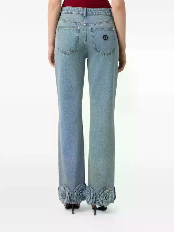 Philipp Plein Light Washed Denim Jeans With Floral Appliqu