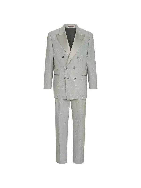 Brunello Cucinelli Cashmere And Silk Lightweight Flannel Tuxedo: One-and-a-half Breasted Jacket And Trousers With Double Pleats And Waist Tabs - Grey