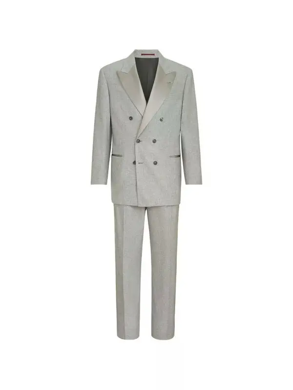 Brunello Cucinelli Cashmere And Silk Lightweight Flannel Tuxedo: One-and-a-half Breasted Jacket And Trousers With Double Pleats And Waist Tabs - Grey