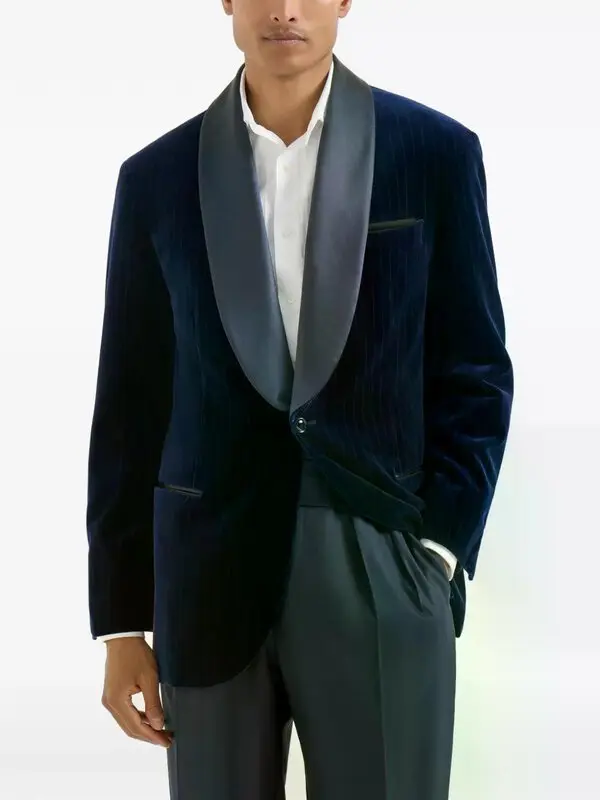 Brunello Cucinelli Cotton Chalk-stripe Velvet Tuxedo Jacket With Shawl Lapels - Blue