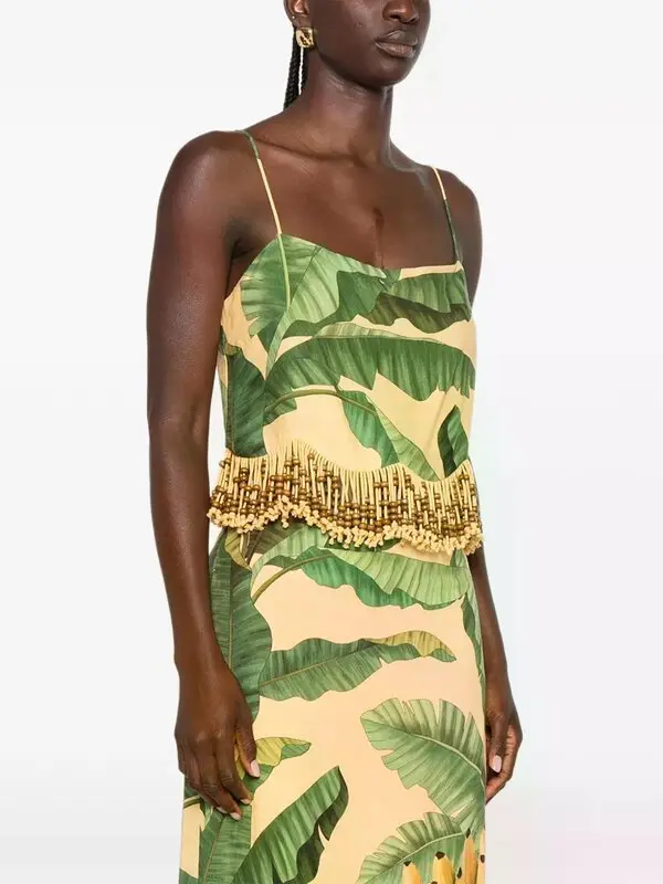 Farm Rio Beaded Fringe Leaf-print Top