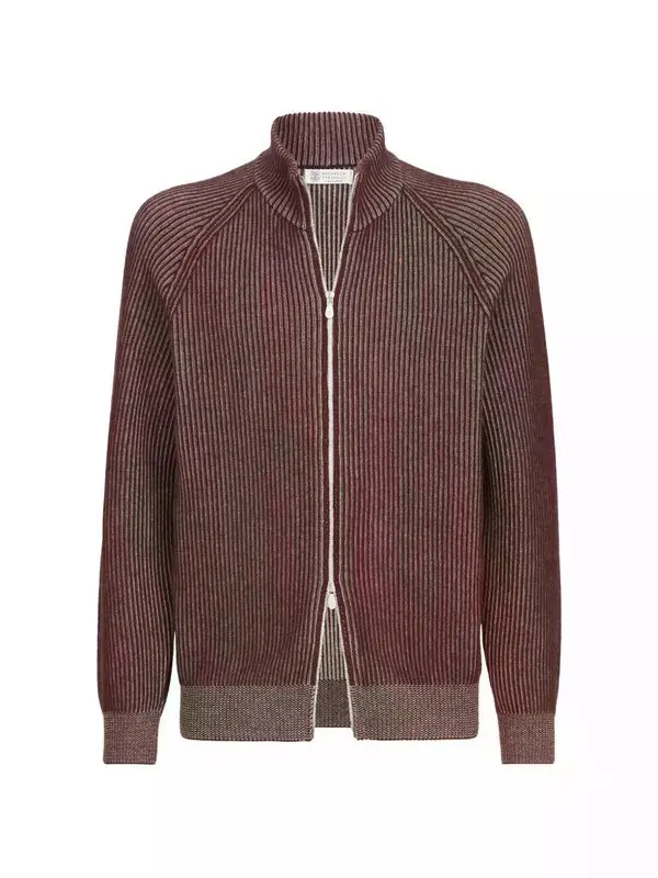 Brunello Cucinelli Cashmere Vanisé English Rib High-neck Zipper Cardigan - Red