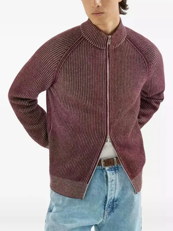 Brunello Cucinelli Cashmere Vanisé English Rib High-neck Zipper Cardigan - Red
