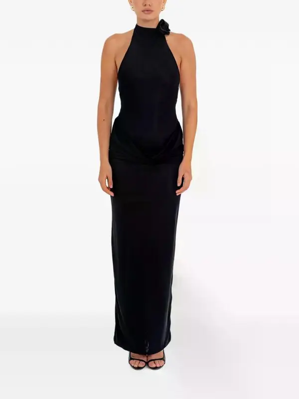 MAYGEL CORONEL Floral Appliqué Draped Halterneck Gown