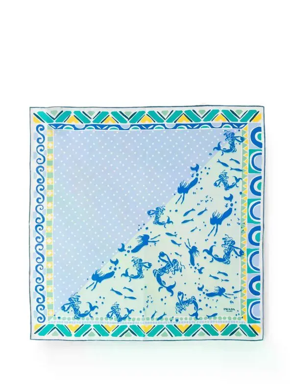 Prada Printed Silk Twill Scarf 55 - Blue