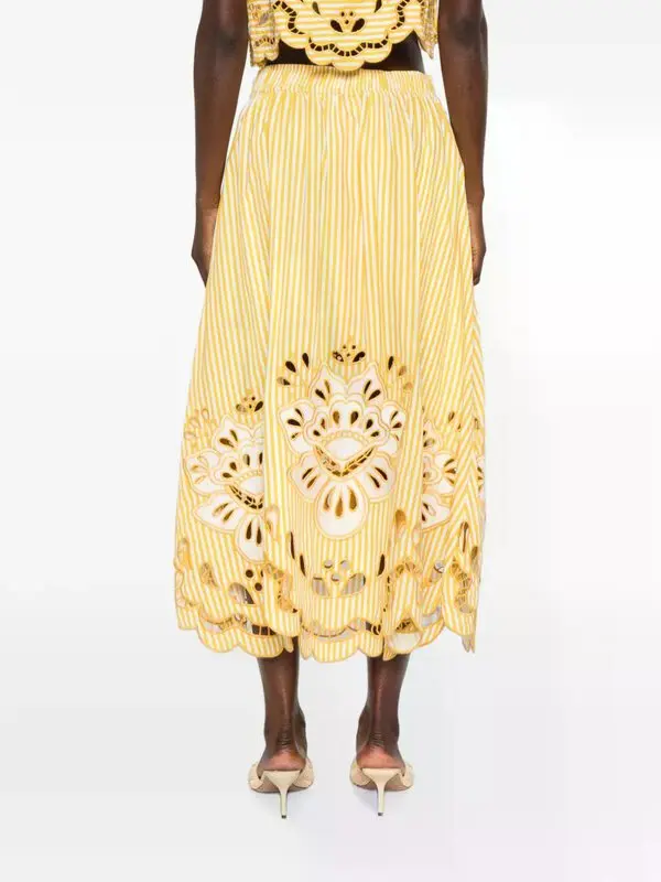 Farm Rio Embroidered Striped Midi Skirt