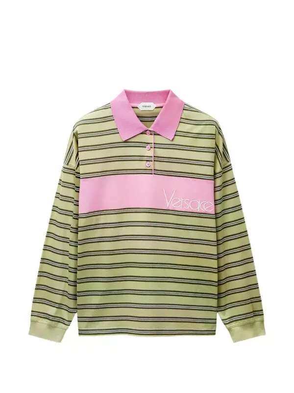 Versace Striped Intarsia Cotton Polo Shirt With Embroidered Logo - Yellow