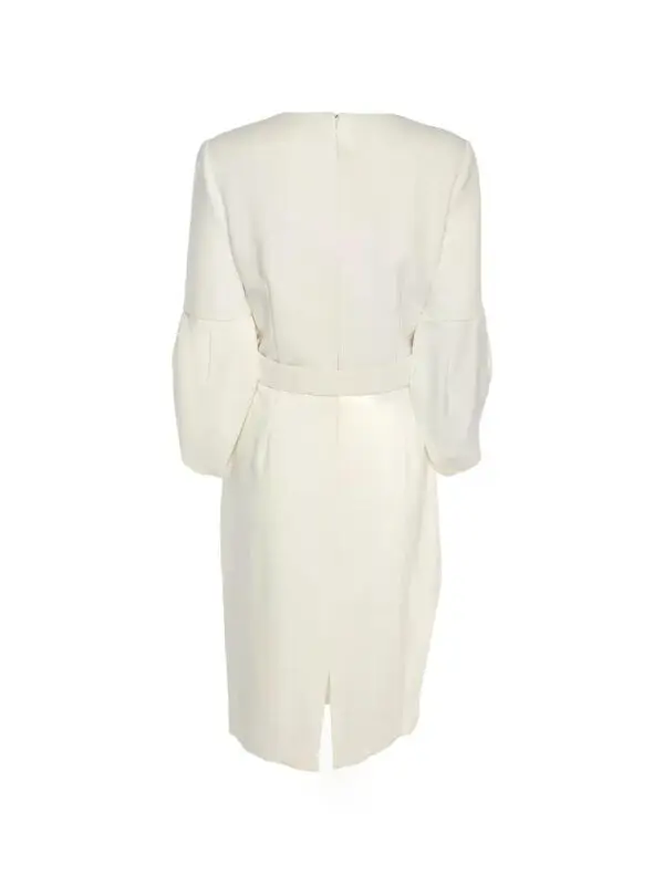 Badgley Mischka Off-white V-neck Belted Puff-sleeve Dress - Neutrals