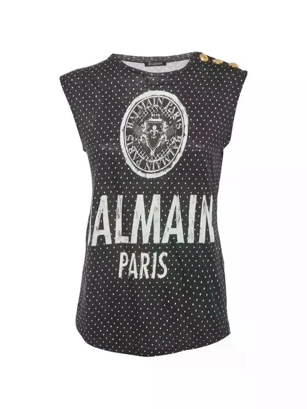 Balmain Linen Polka Dot Logo Print Sleeveless Top - Black