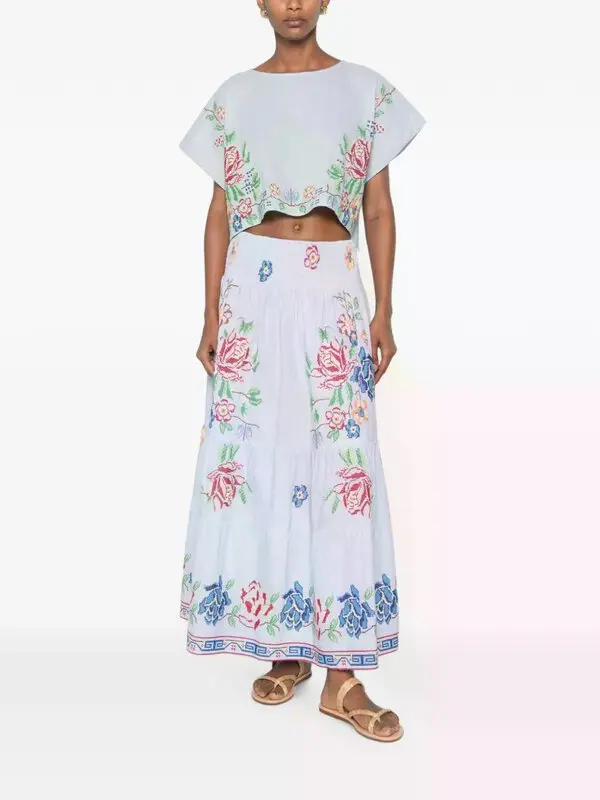 ORSINA Tiered Maxi Skirt With Floral Embroidery - Blue