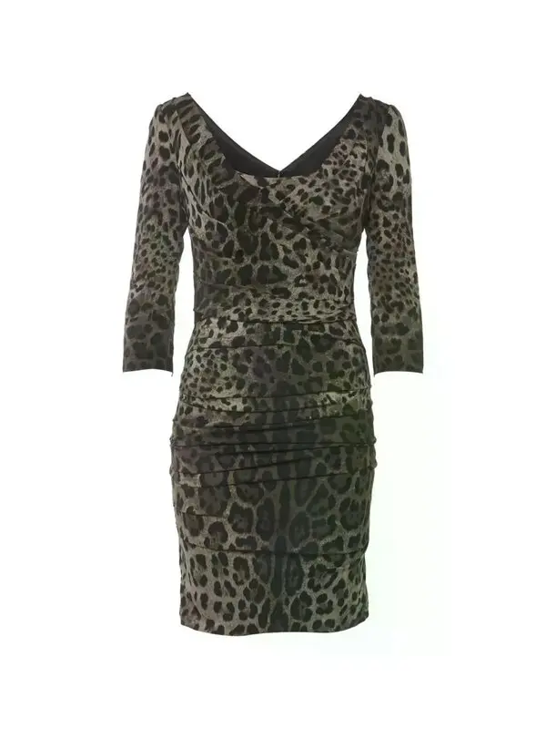 Dolce & Gabbana Leopard Print Ruched V-neck Dress