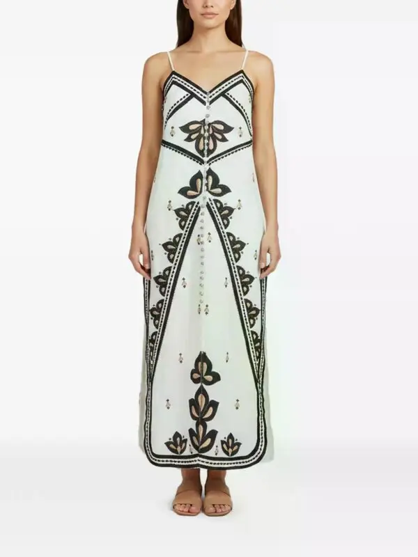 424 Embroidered Midi Dress With Front Button Detail - Neutrals
