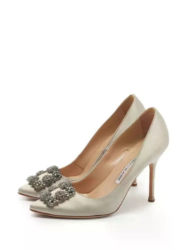 Manolo Blahnik Hangisi Satin Pumps With Crystal Buckle - Neutrals