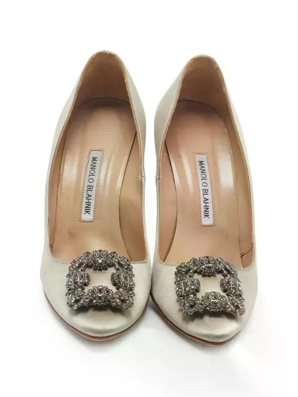 Manolo Blahnik Hangisi Satin Pumps With Crystal Buckle - Neutrals