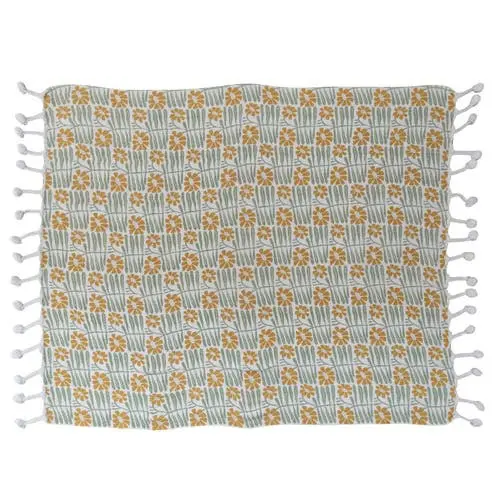 STORIED HOME Soft Woven Reclaimed Cotton Blend Printed Throw With Flowers And Pompom Tassels - Green