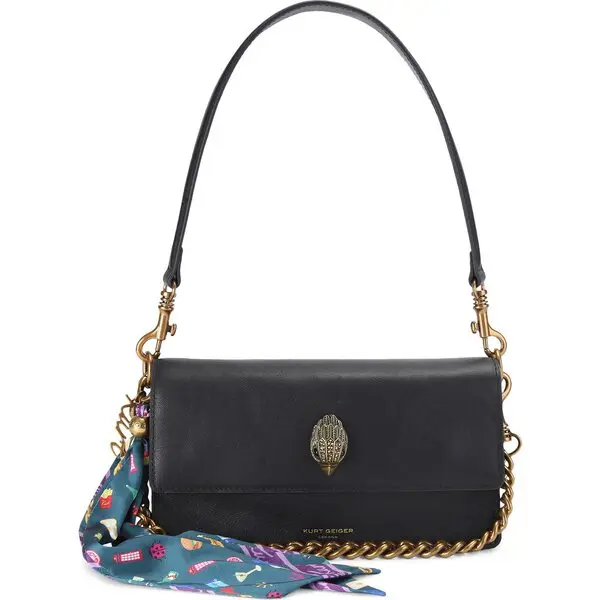Kurt Geiger Shoreditch Soft Leather Shoulder Bag With Embellished Eagle Head And Printed Scarf - Black