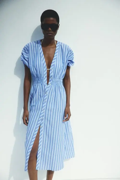 H&m Smocked-waist Button-front Striped Midi Dress