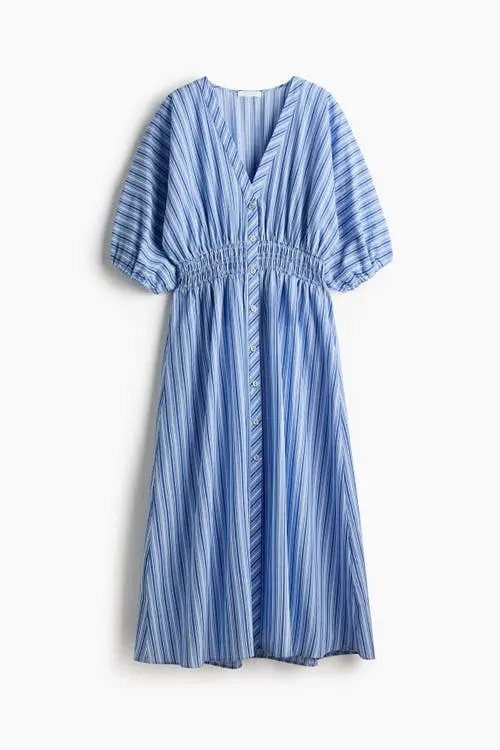H&m Smocked-waist Button-front Striped Midi Dress